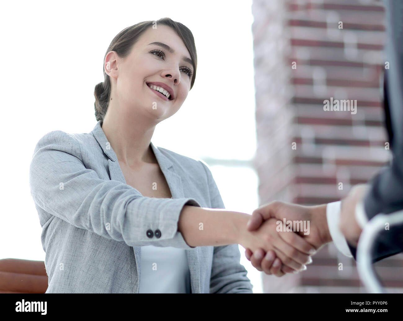 Successful job interview with boss and employee handshaking Stock Photo ...