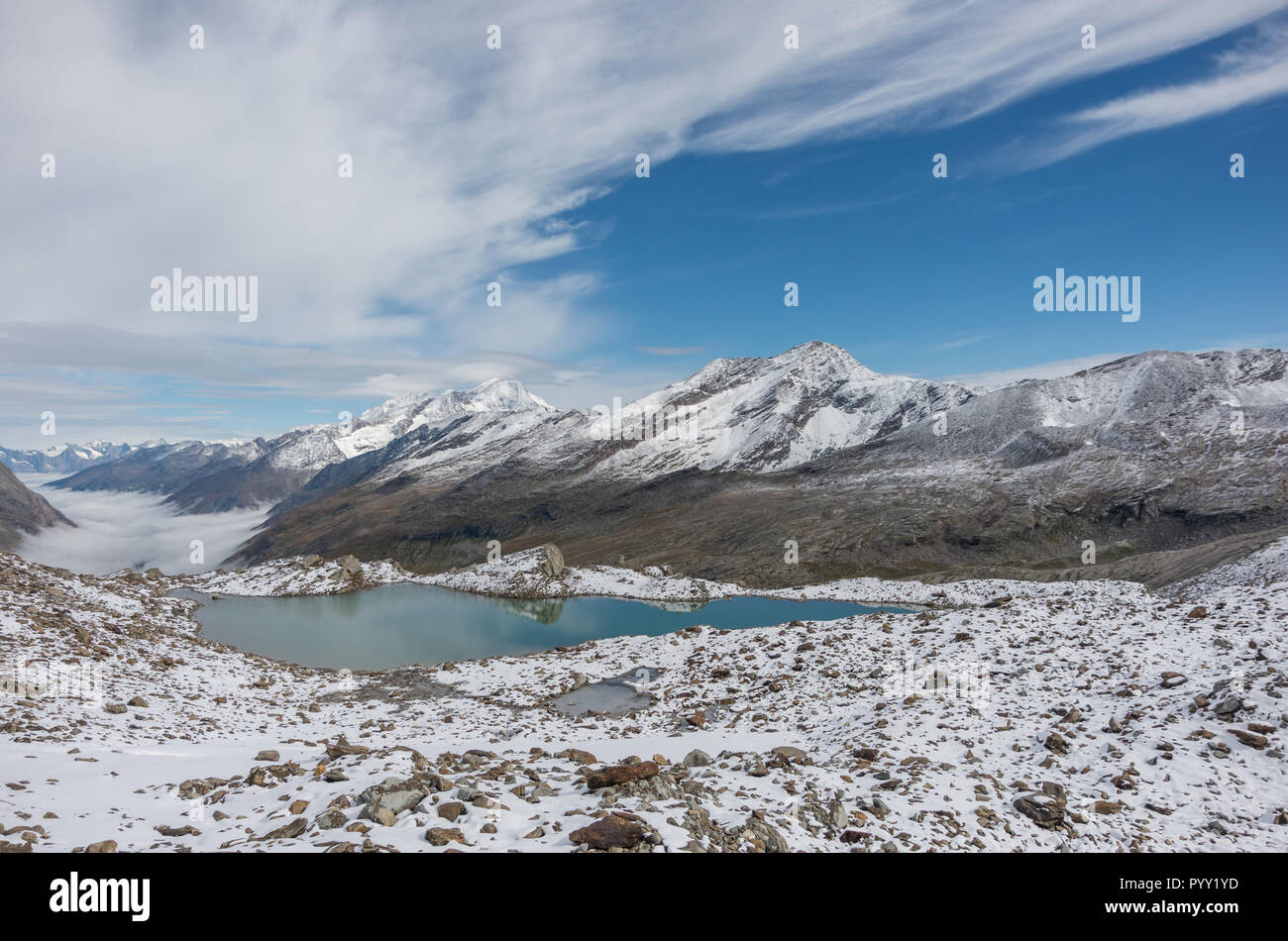 View to Stausee lake near Saas Fee in the southern Swiss Alps from ...