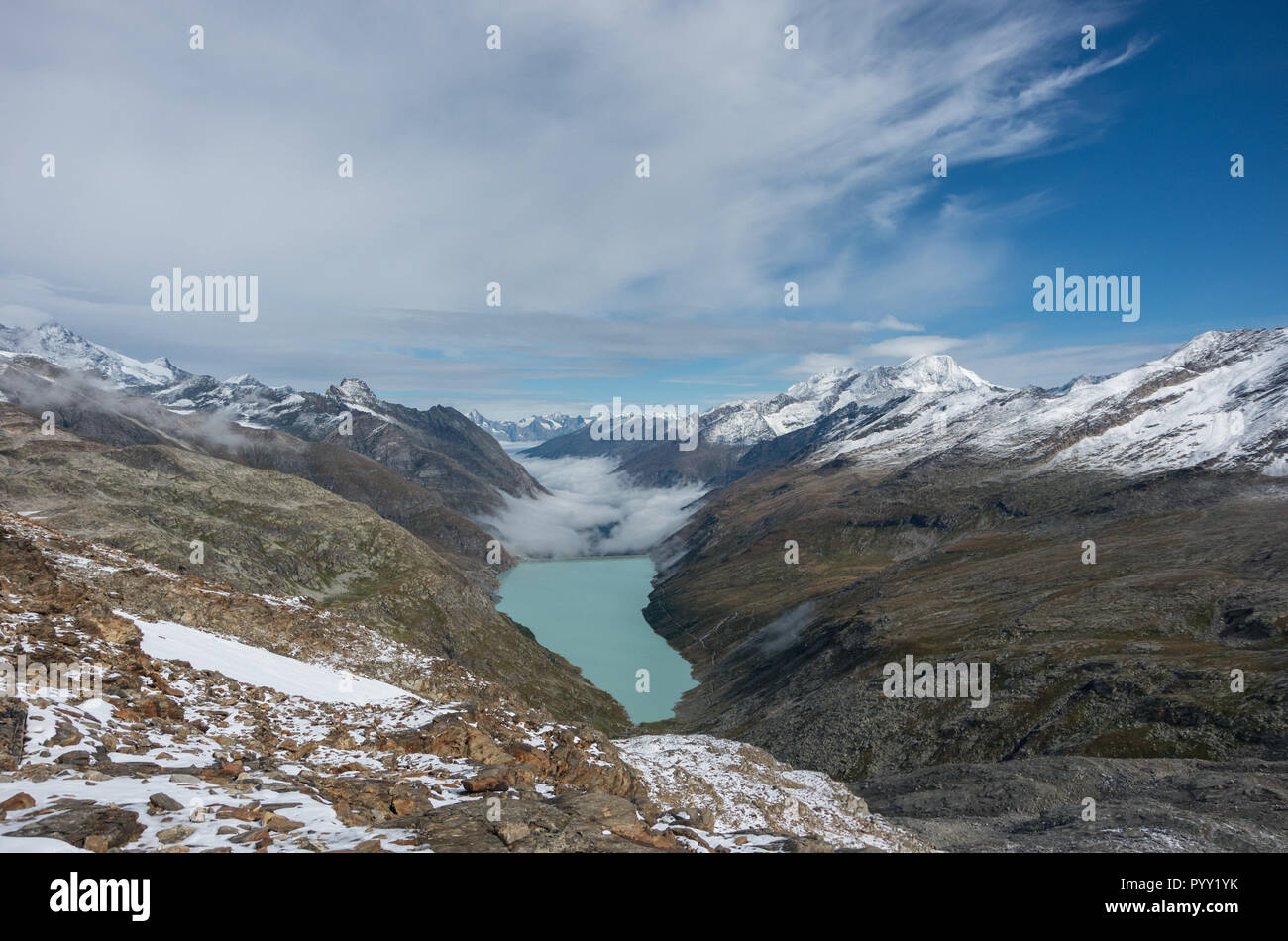 View to Stausee lake near Saas Fee in the southern Swiss Alps from ...