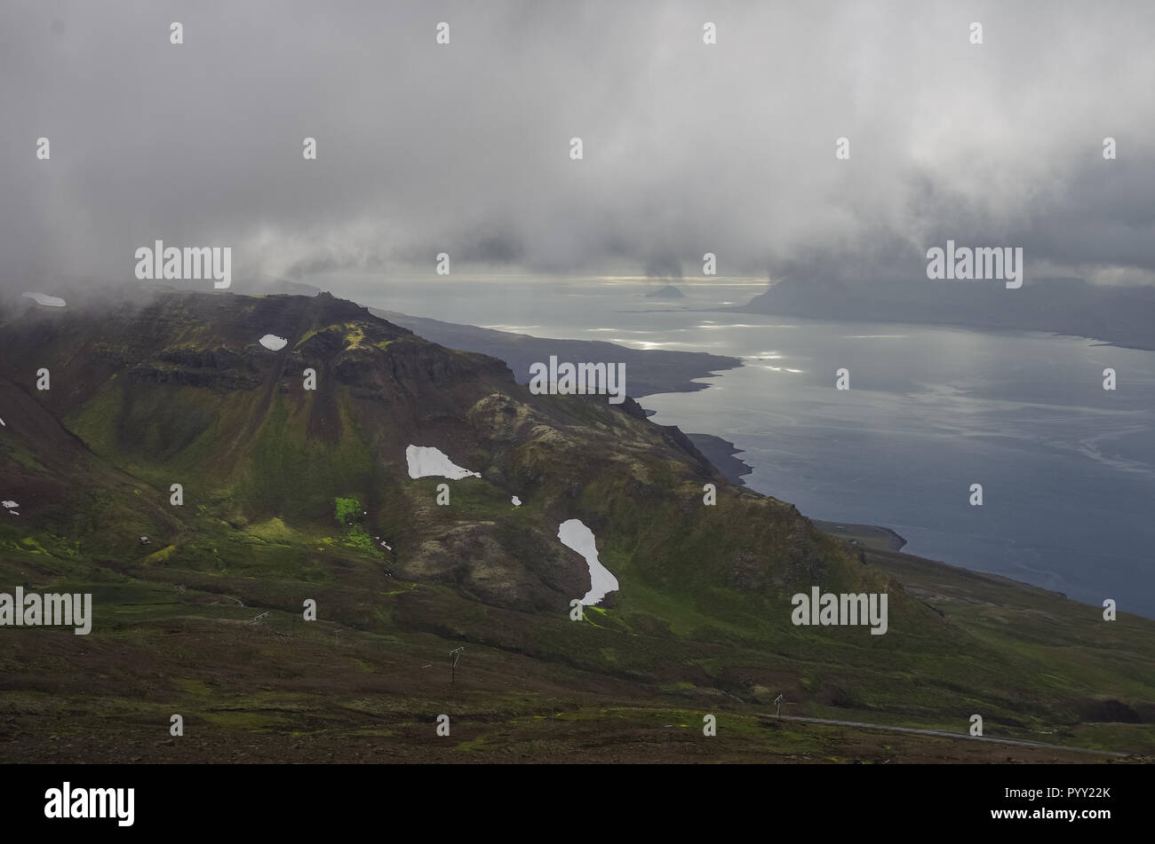 Panorama of Reydarfjordur, biggest fjord. Eastern Iceland. View from ...