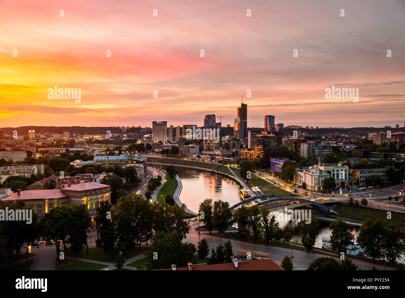Aerial view of Vilnius, Lithuania at sunset. Modern city with many ...