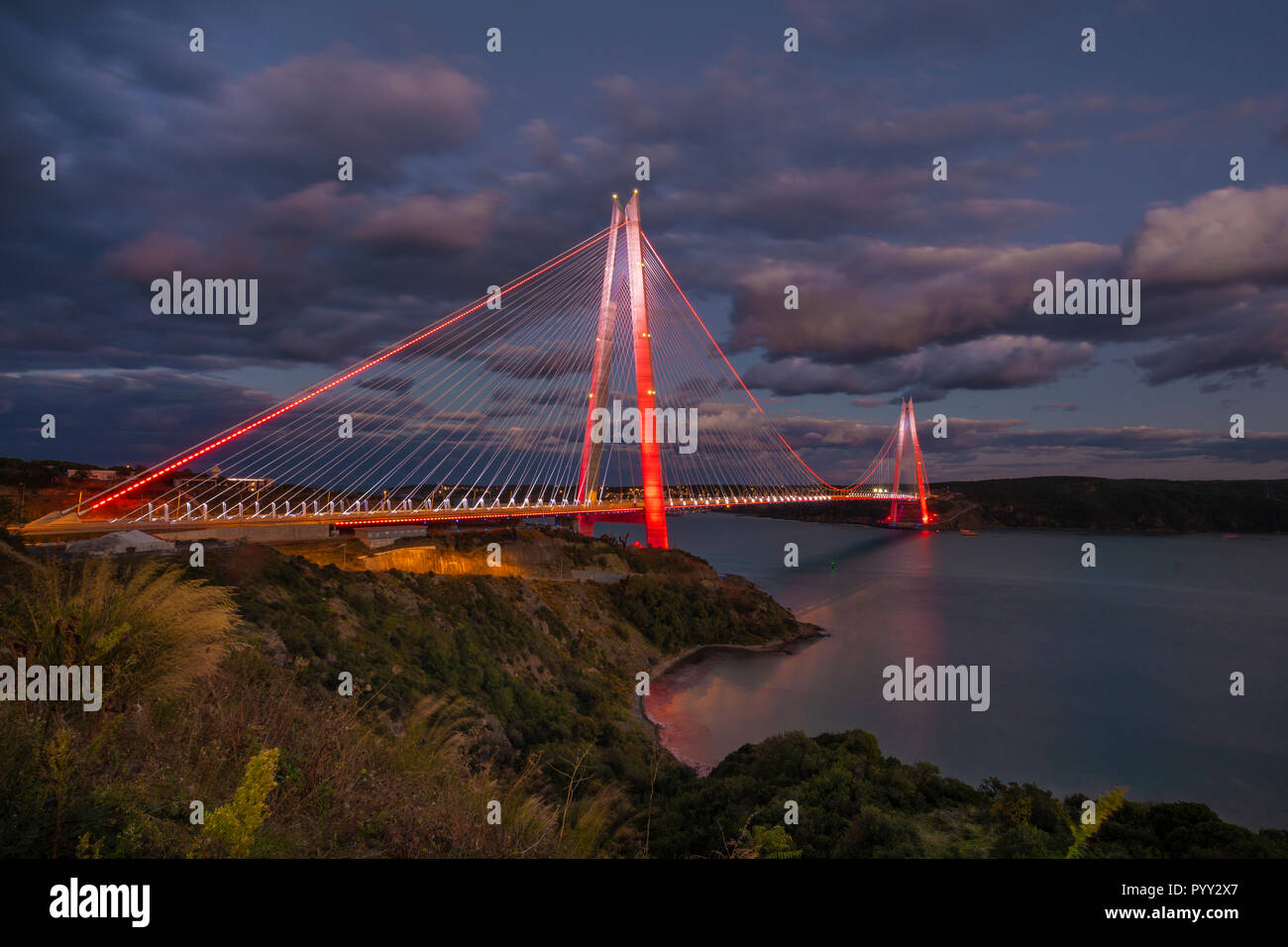 The Yavuz Sultan Selim Bridge at night in Sariyer District of Istanbul ...