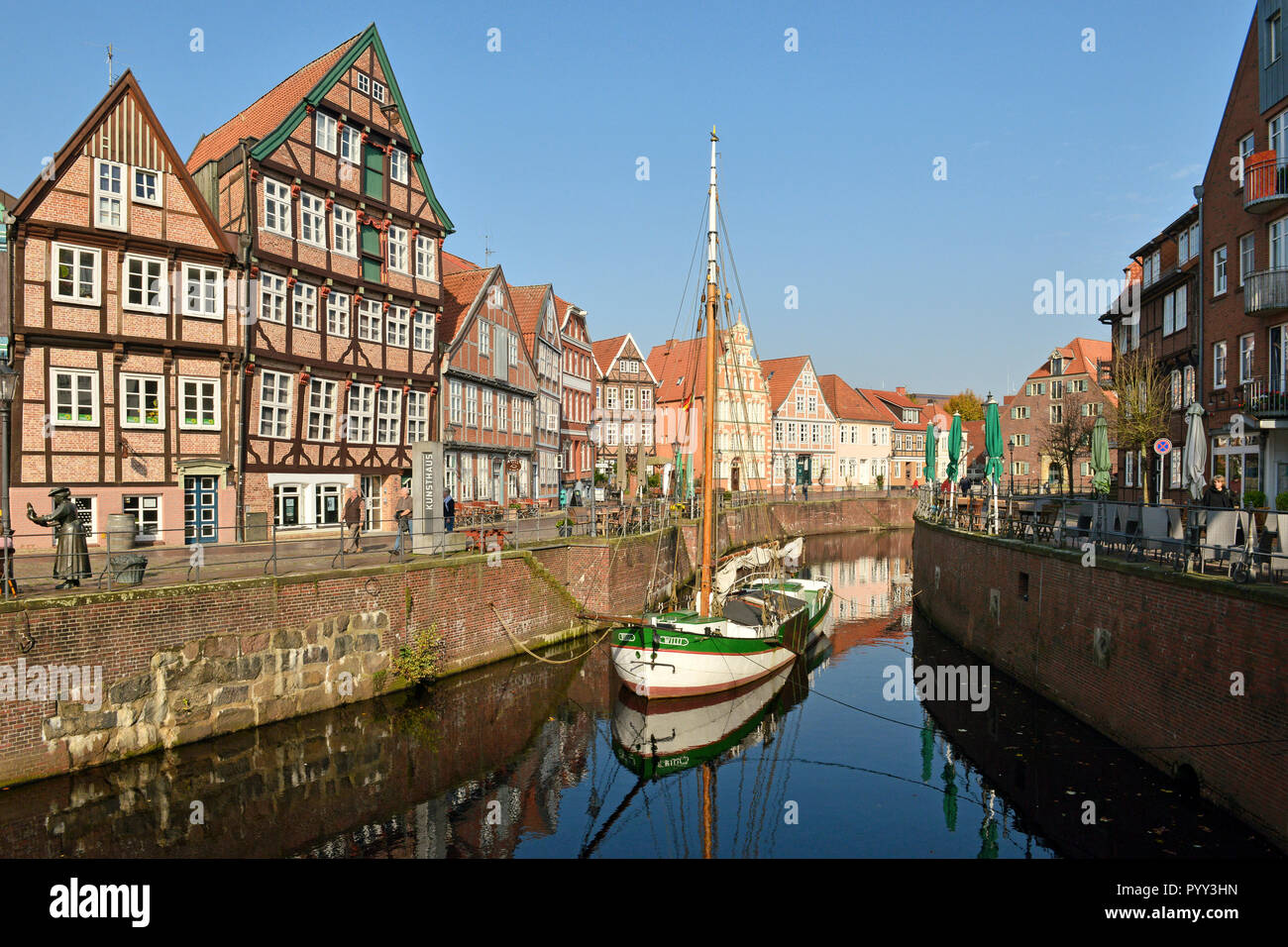 Sailboat Ewer Willy in the harbour in the old town, Stade, Lower Saxony ...