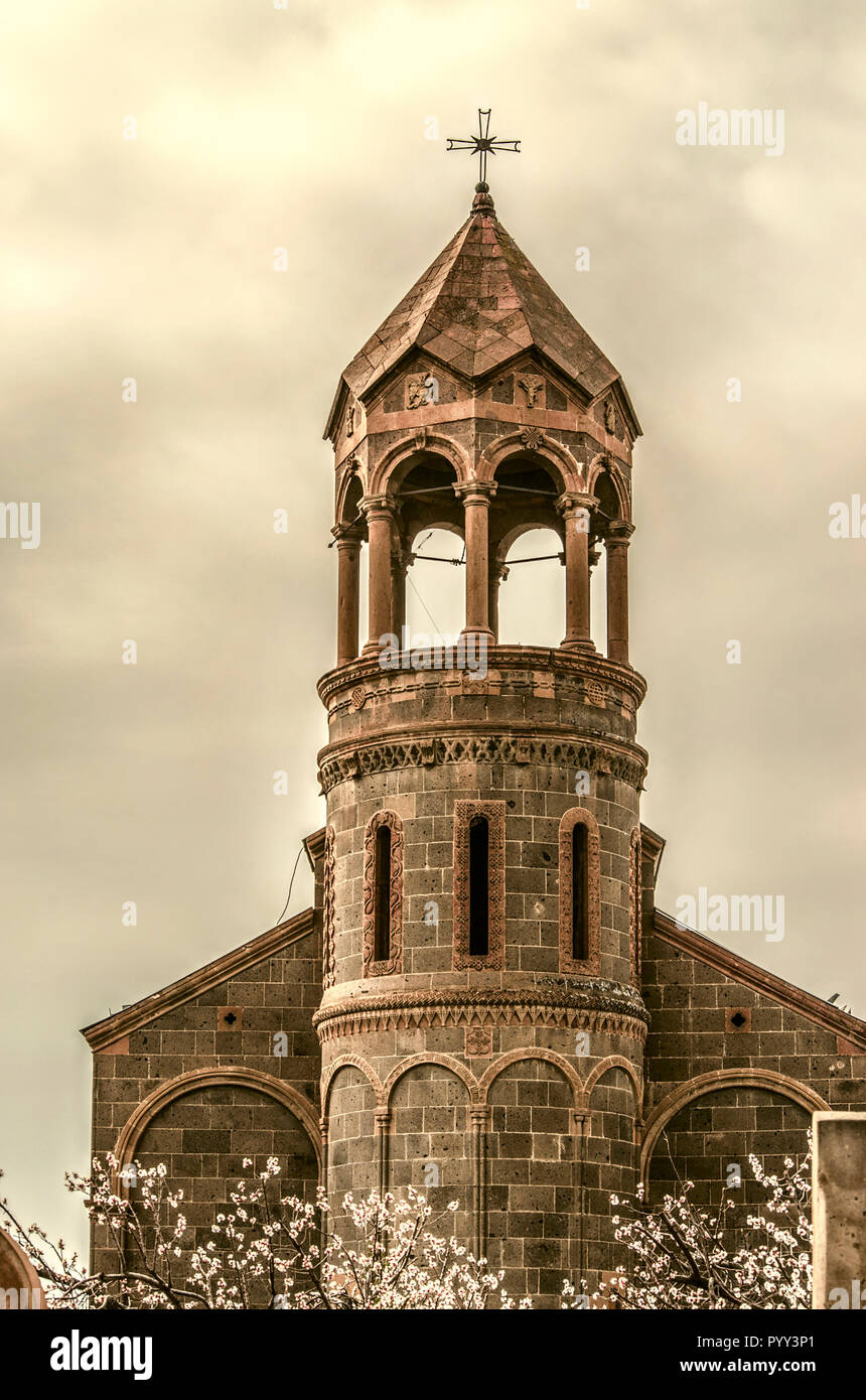High cylindrical bell tower of St.Mesrop Mashtots Church in the village ...