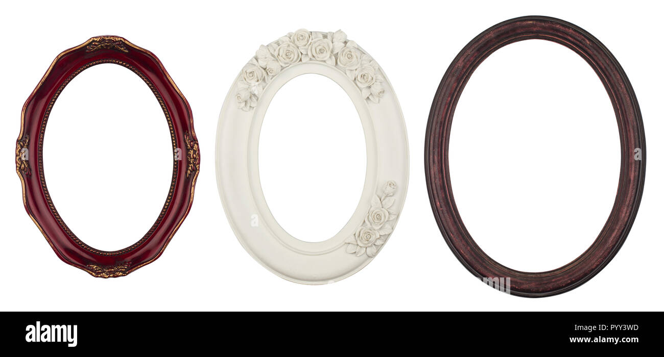front view detail set of three round wood vintage frames isolated on ...