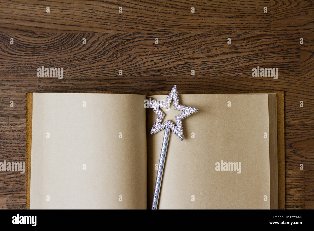 top view closeup of vintage open book with leather brown binding blank ...