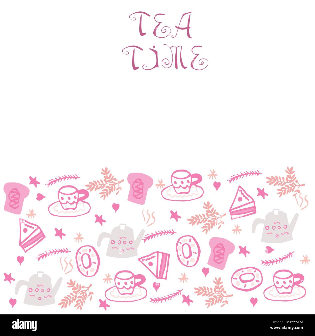 Vector illustration of tea time set with lettering. Tea time design on ...