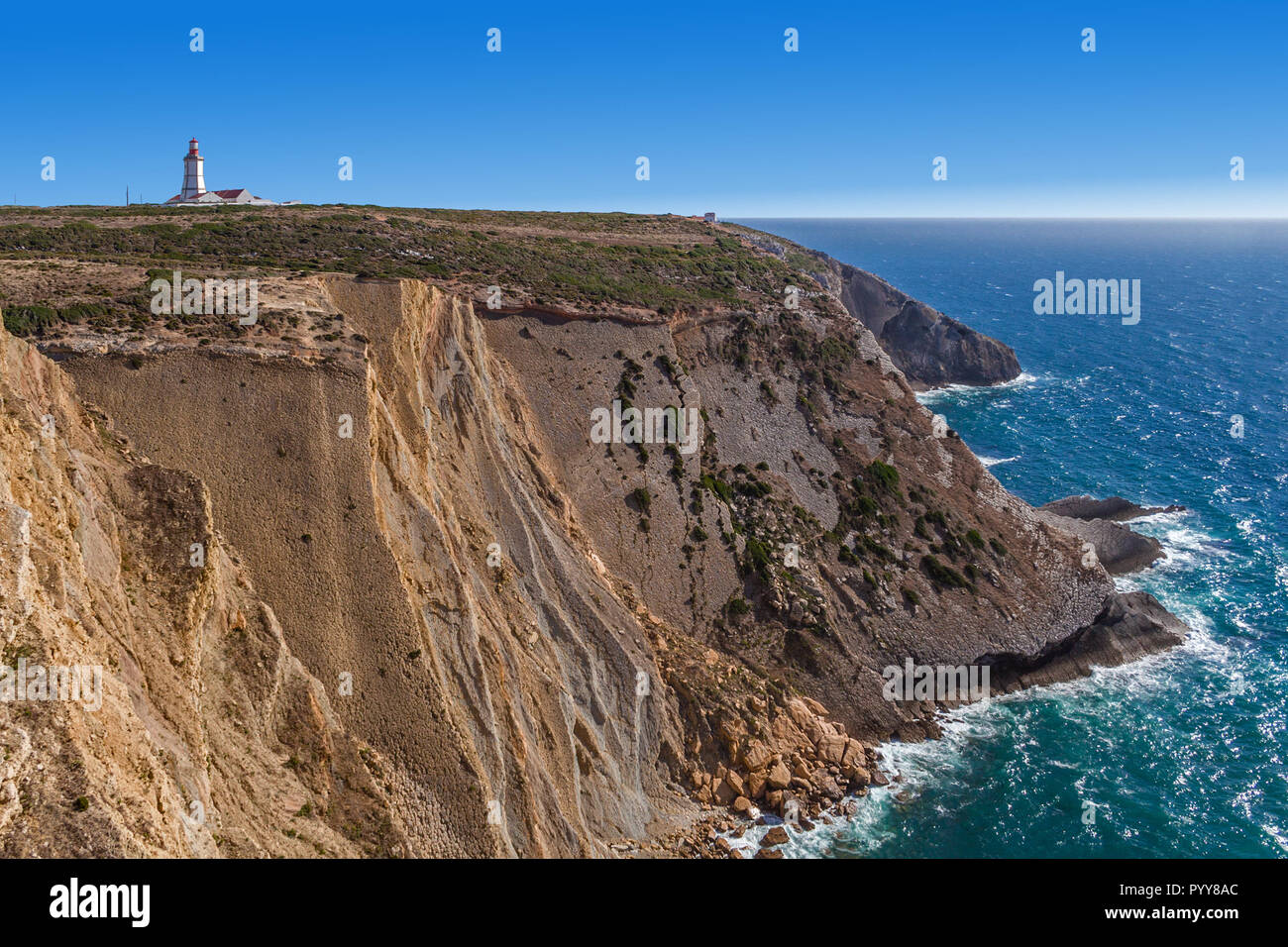 The Cabo Espichel Cape, with the 18th century lighthouse and a view over the Atlantic Ocean ...