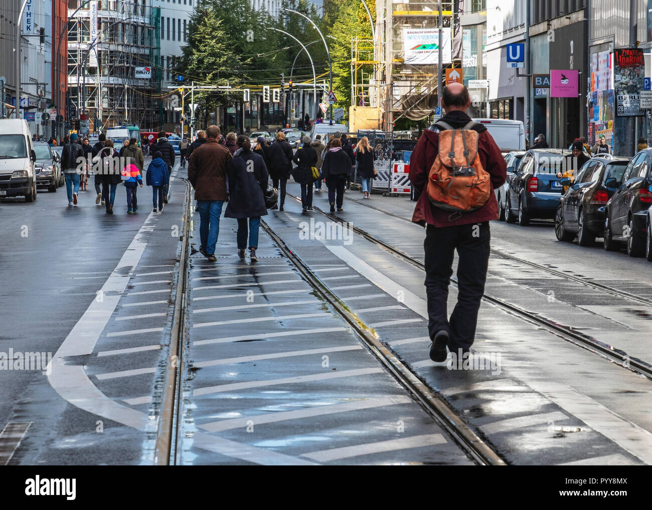 Berlin, Mitte, Brunnenstarsse. People walk in centre of traffic-free ...
