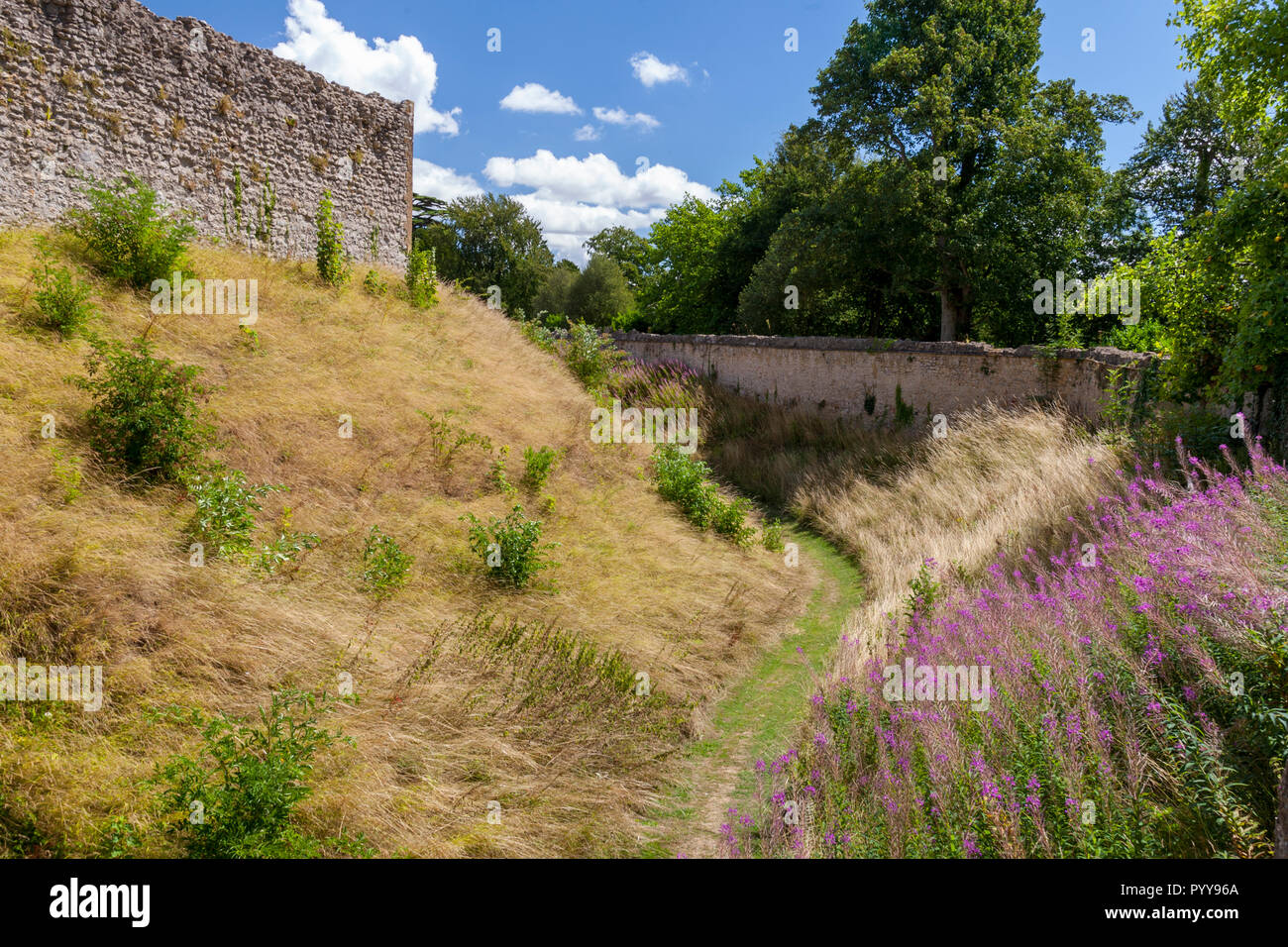 The moat surrounding the 12th century ruins of Sherborne Old Castle ...