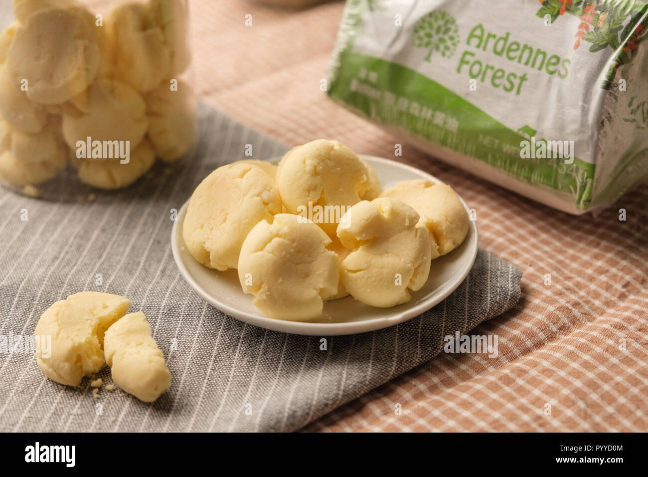 Homemade yellow Italy boiled egg cookie put on the red and gray ...