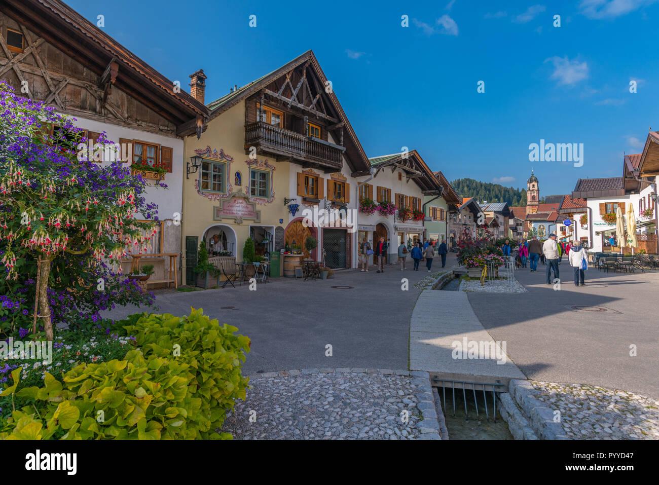 Main shopping street,pedestrian area, typical Bavarian architecture ...