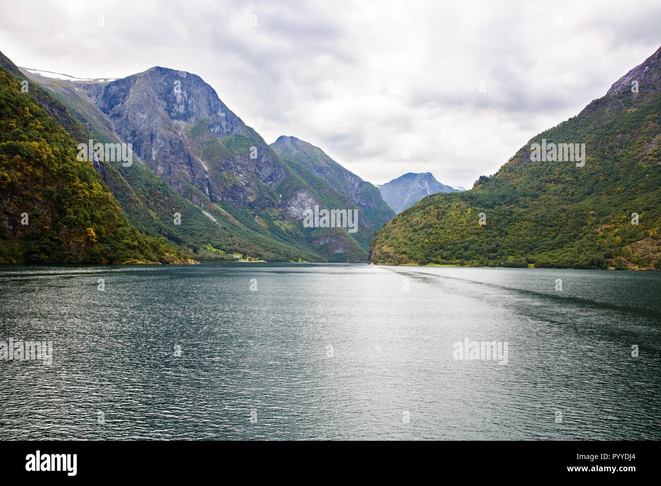 Landscape with Naeroyfjord and high mountains in Norway Stock Photo - Alamy