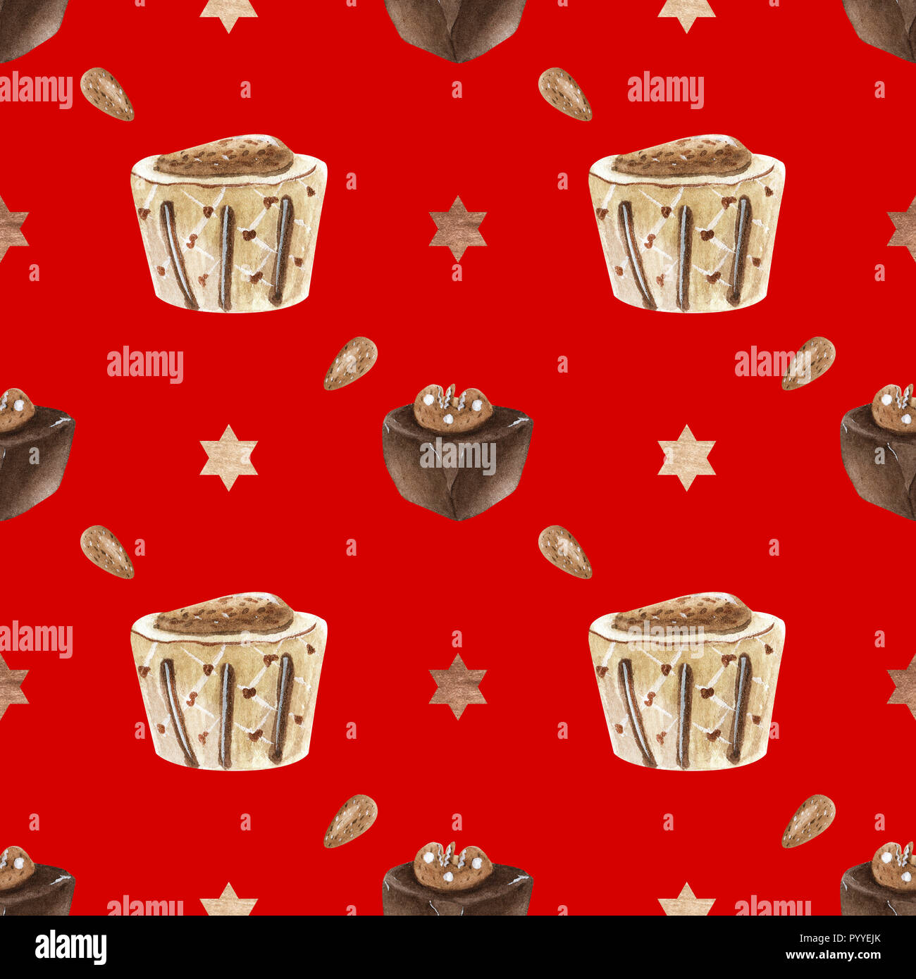 Sweet romantic pattern with chocolates and almond. Watercolor ...