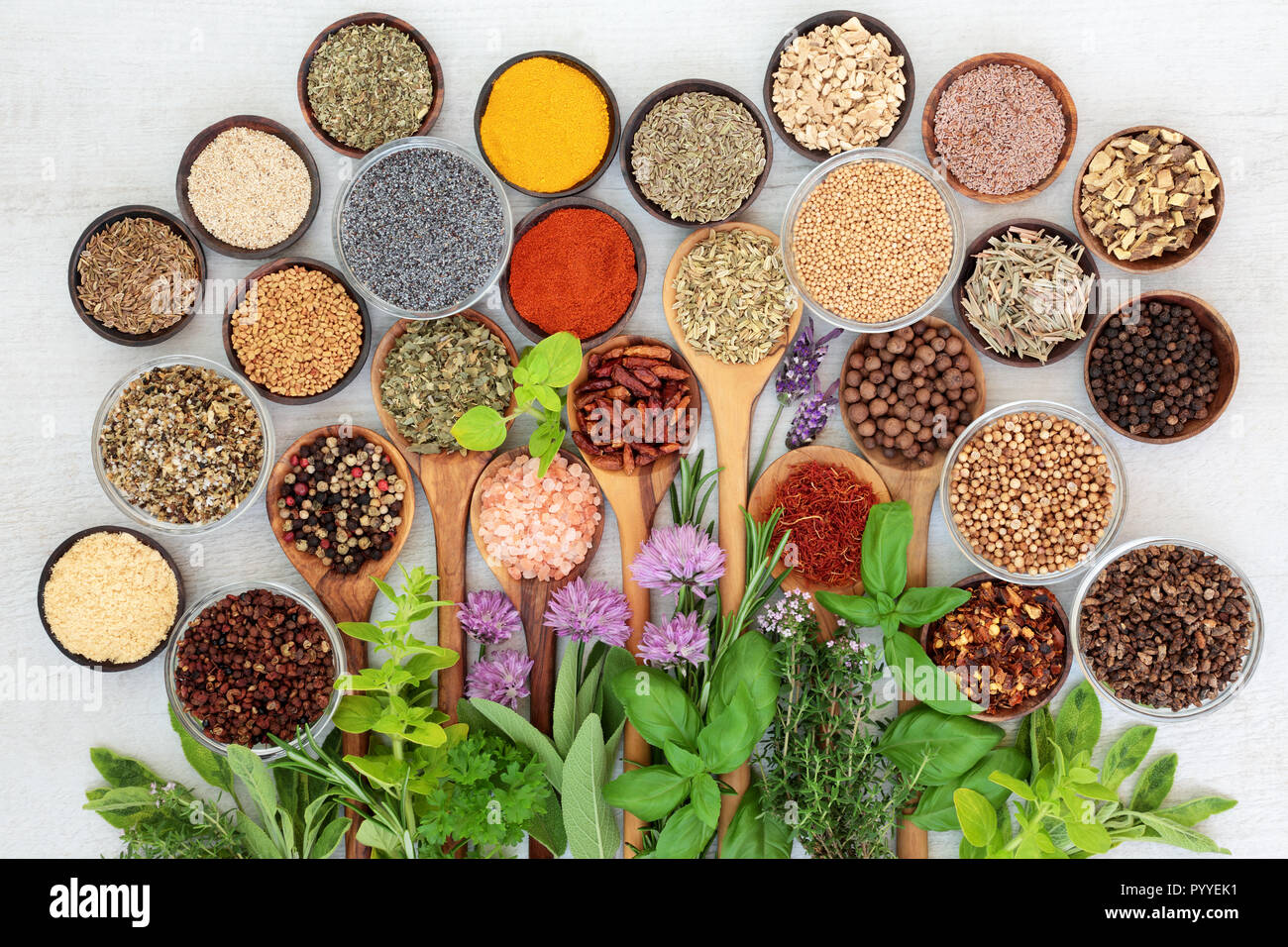 Large herb and spice fresh and dried food selection on rustic wood ...