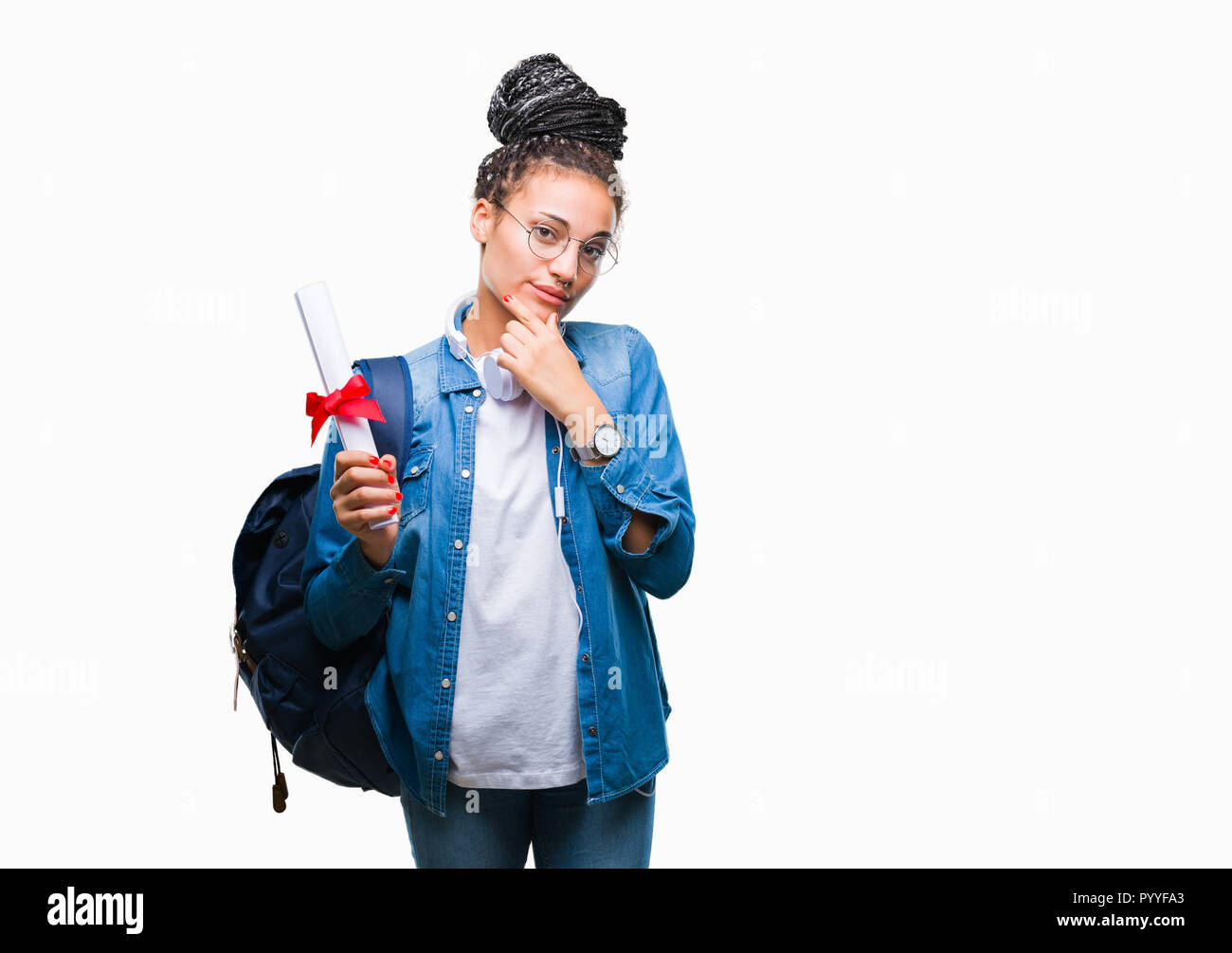 Young braided hair african american student girl holding degree over ...