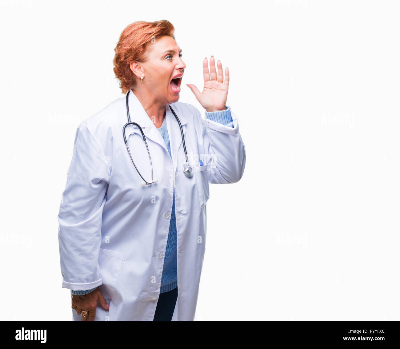 Senior caucasian doctor woman wearing medical uniform over isolated ...