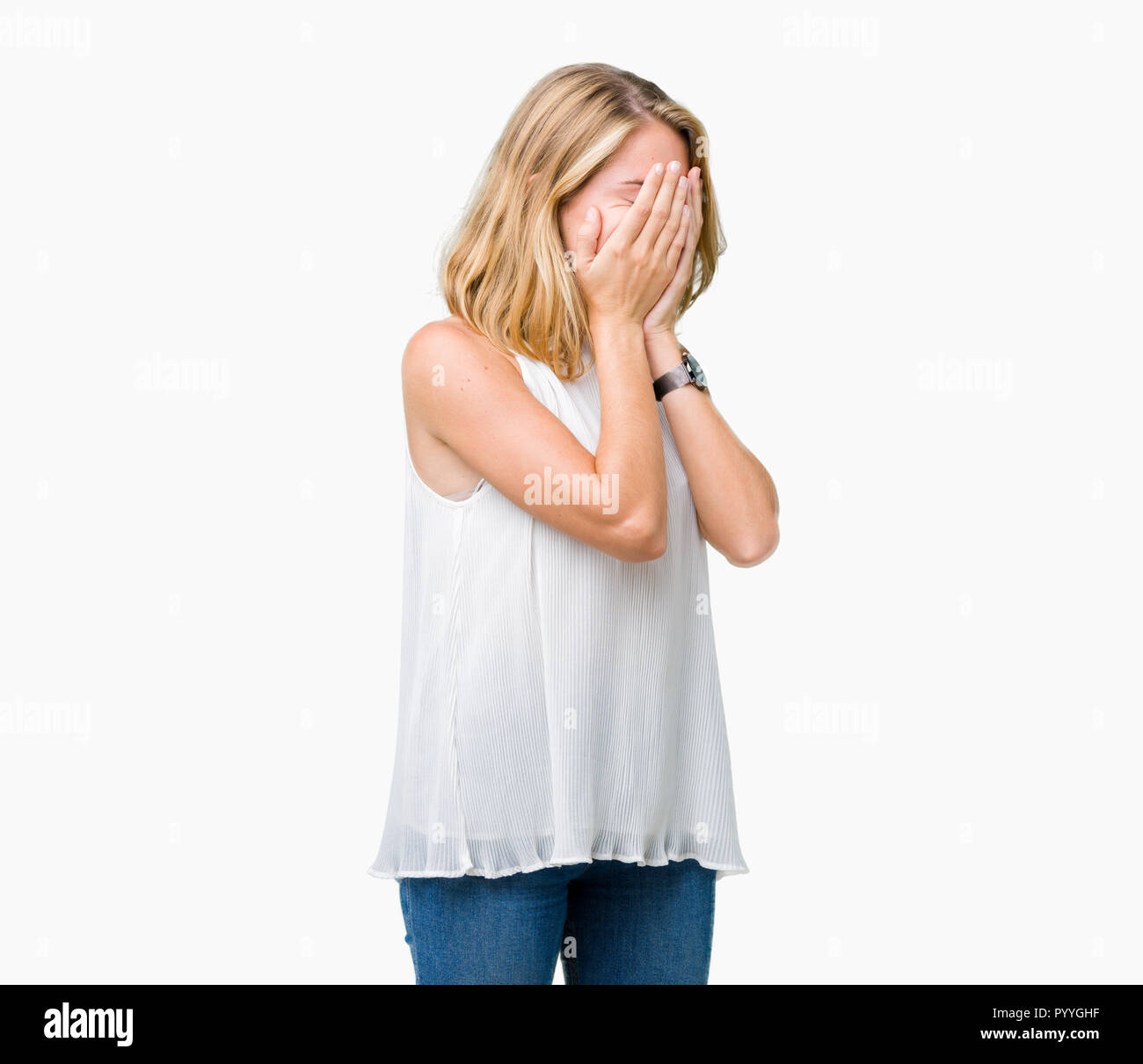 Beautiful young elegant woman over isolated background with sad ...