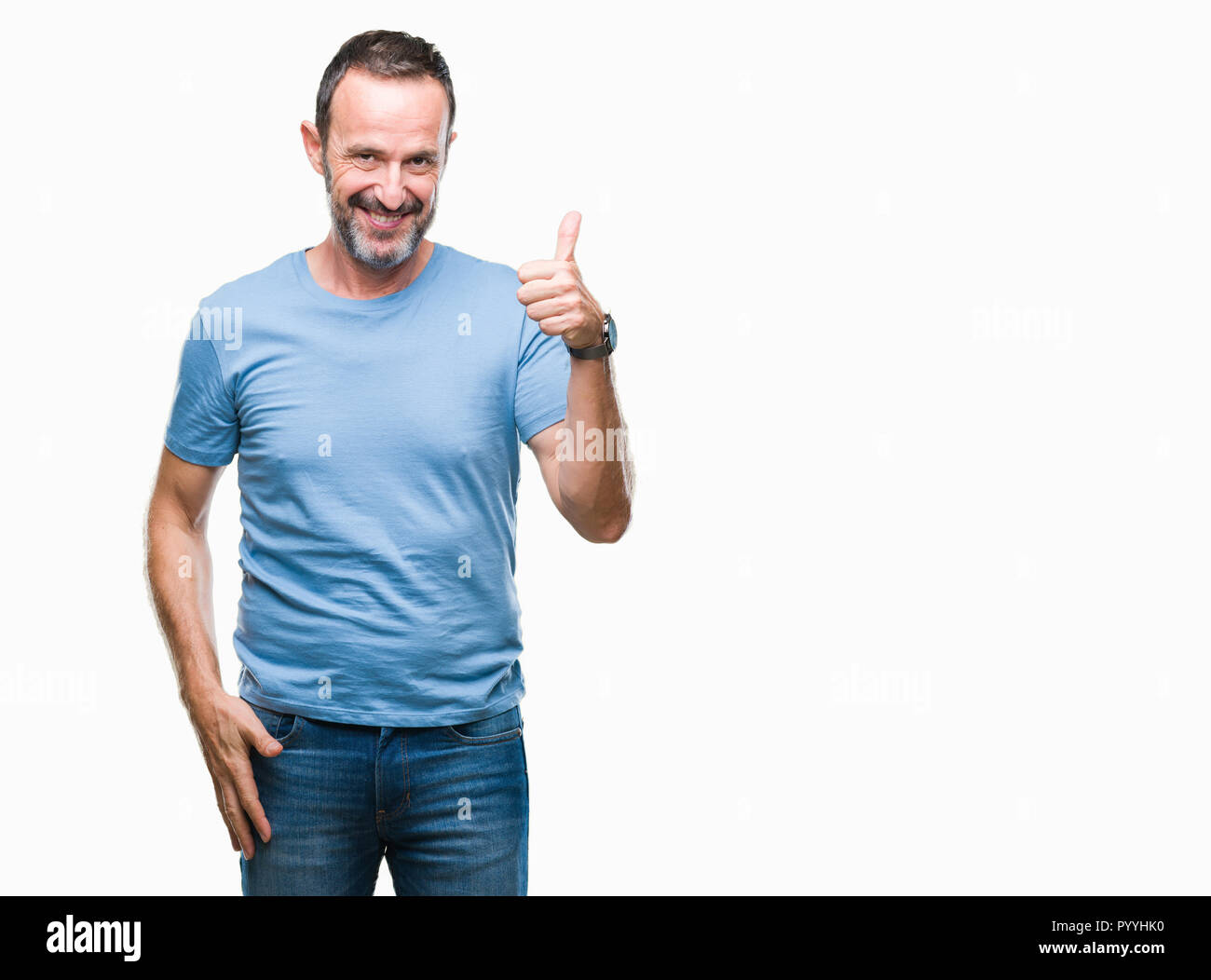 Middle age hoary senior man over isolated background doing happy thumbs ...