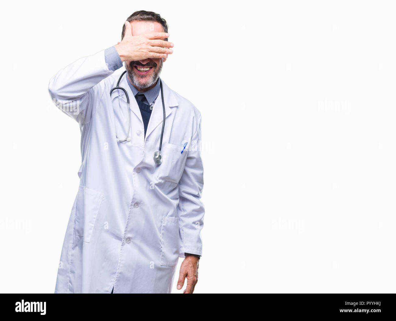 Middle age senior hoary doctor man wearing medical uniform isolated ...