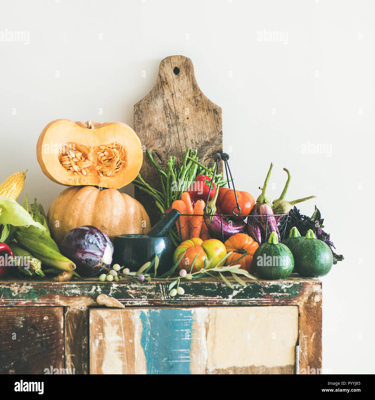 Fall seasonal vegetarian food ingredients variety, copy space, square ...