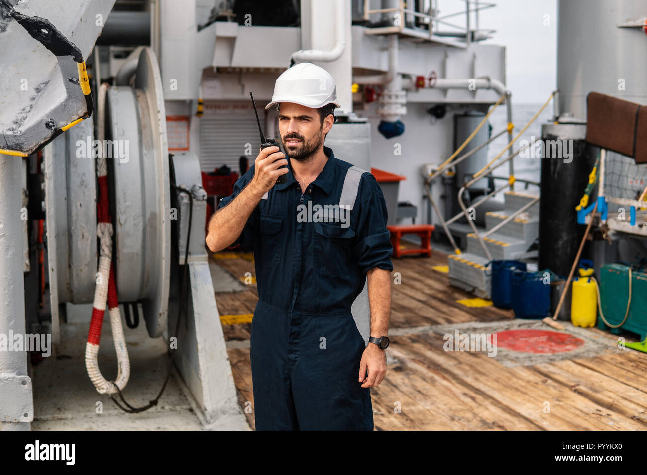 Marine Deck Officer or Chief mate on deck of vessel or ship Stock Photo ...