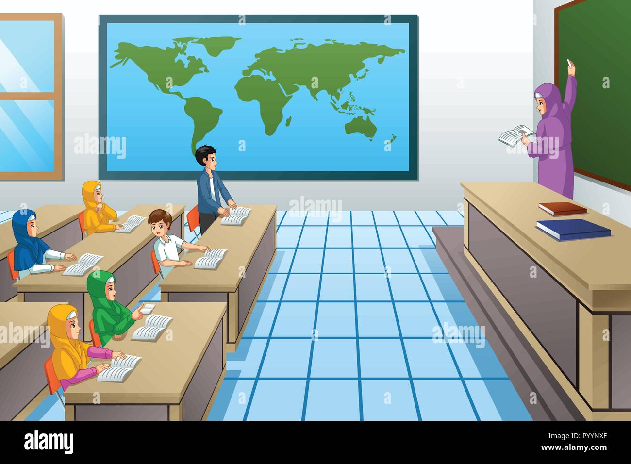 A vector illustration of Muslim Students and Teacher in Classroom Stock ...