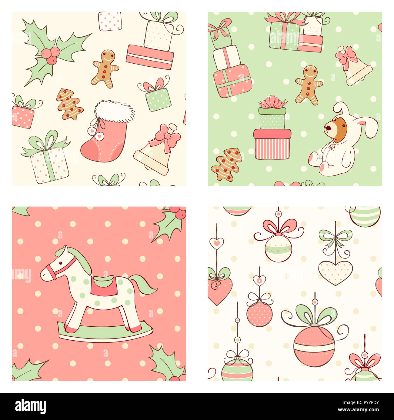 Set of seamless patterns with cute Christmas toys in retro style. Bear ...