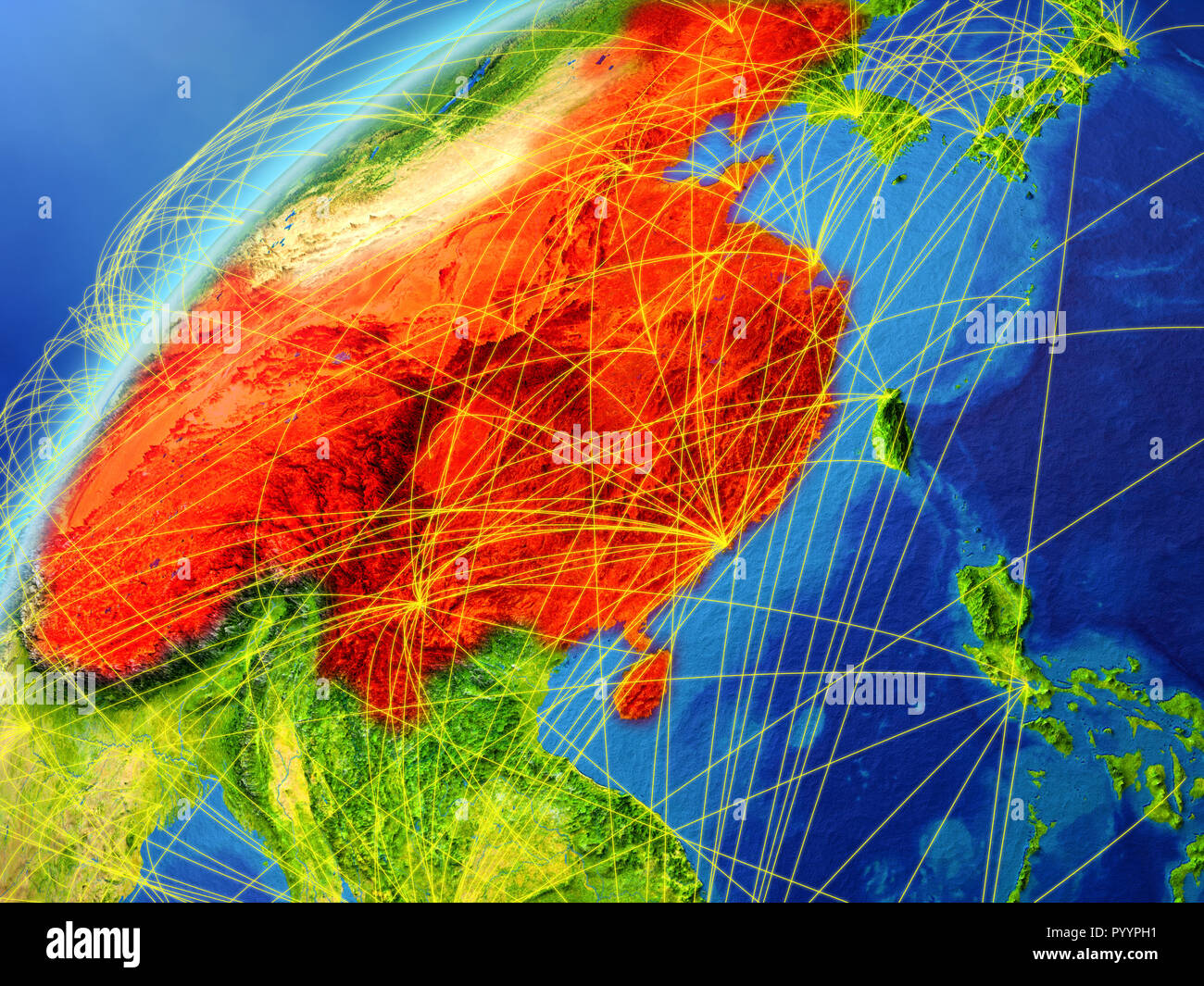 China on model of planet Earth with international networks. Concept of ...
