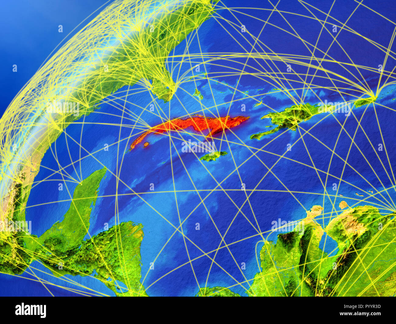 Cuba on model of planet Earth with international networks. Concept of ...