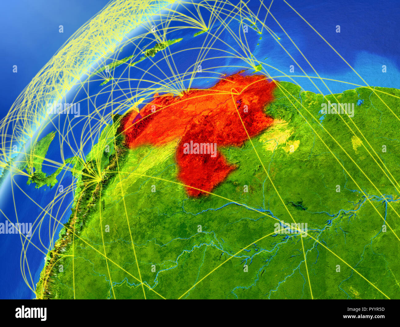 Venezuela on model of planet Earth with international networks. Concept ...