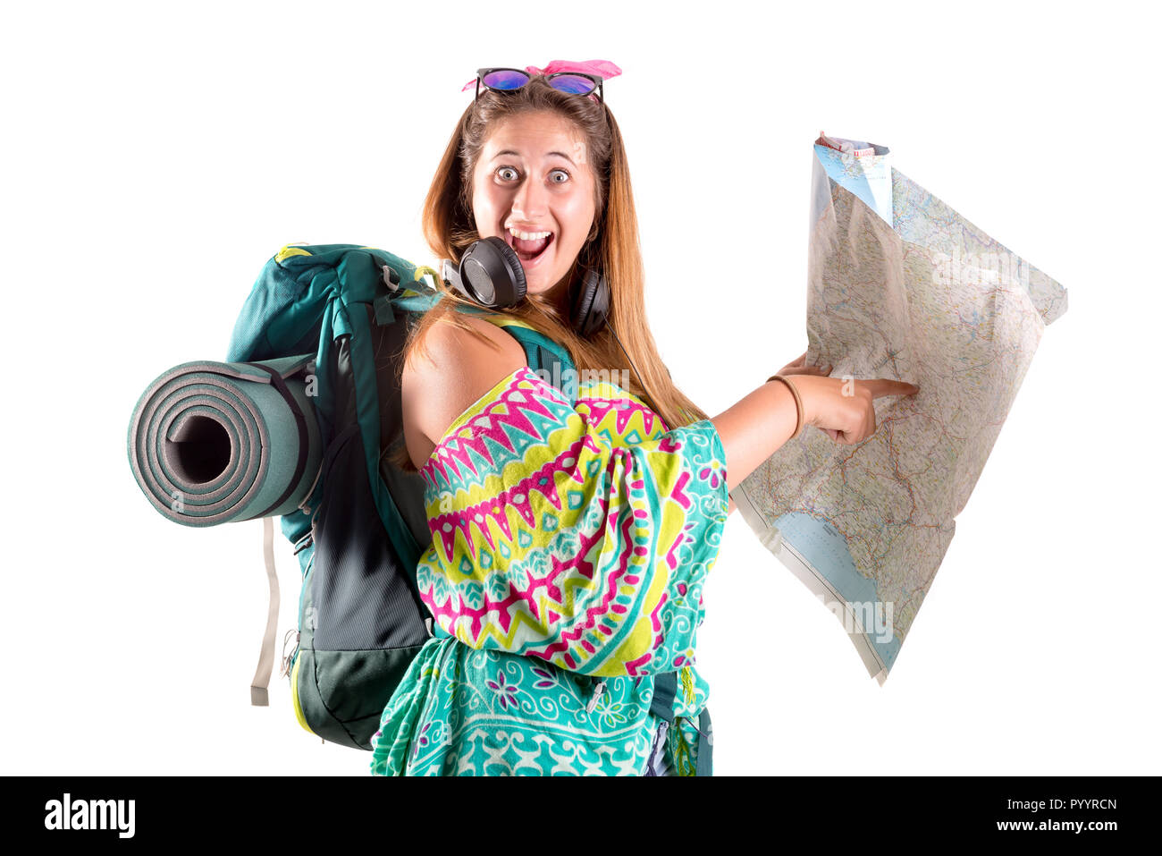 Hiker girl with backpack and map isolated in white, trekking and travel ...