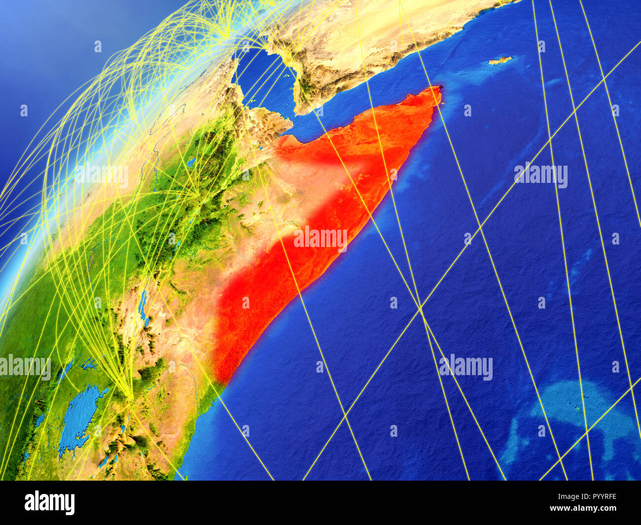 Somalia on model of planet Earth with international networks. Concept ...
