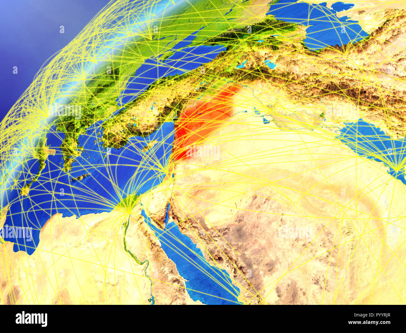 Syria on model of planet Earth with international networks. Concept of ...