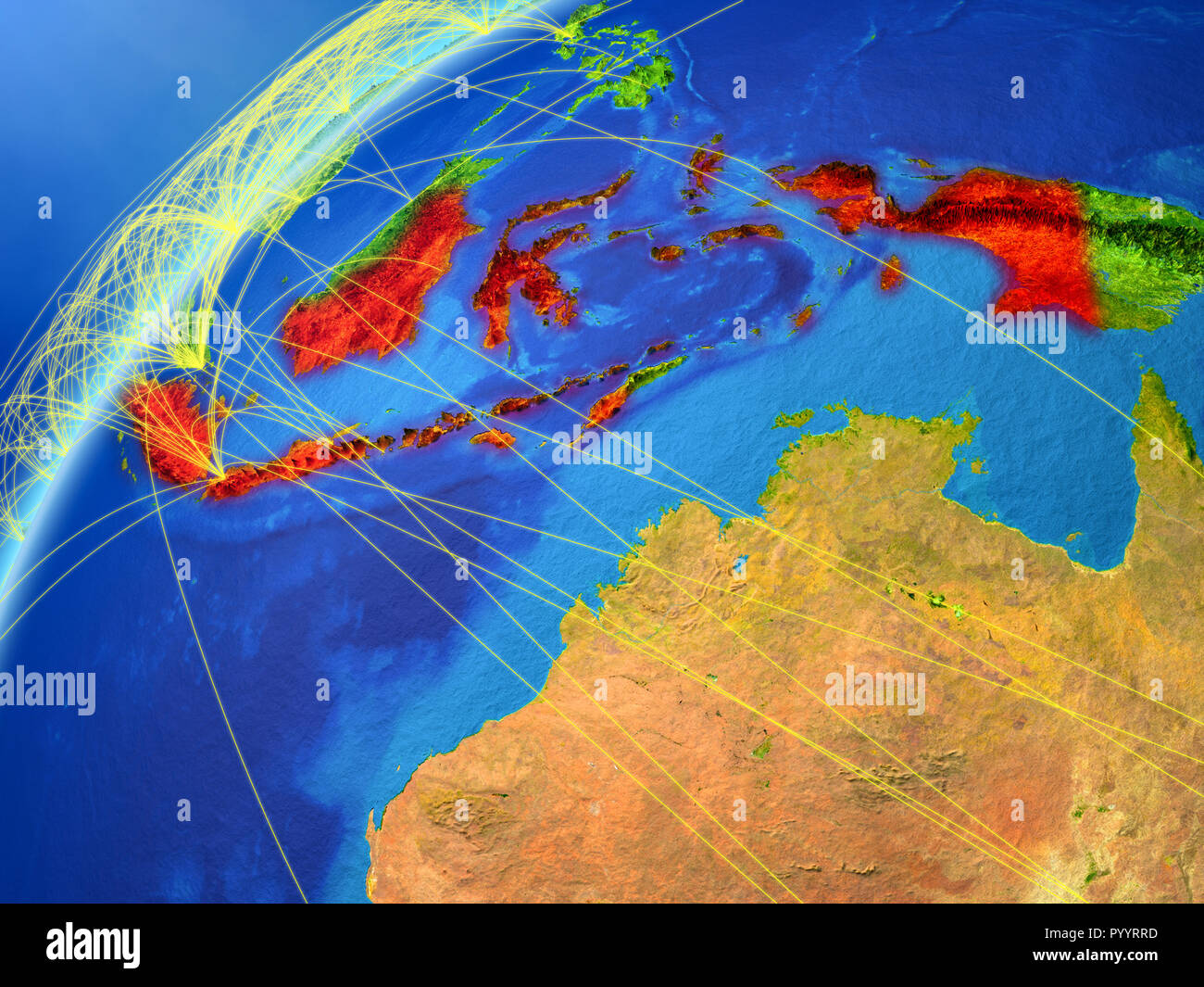 Indonesia on model of planet Earth with international networks. Concept ...