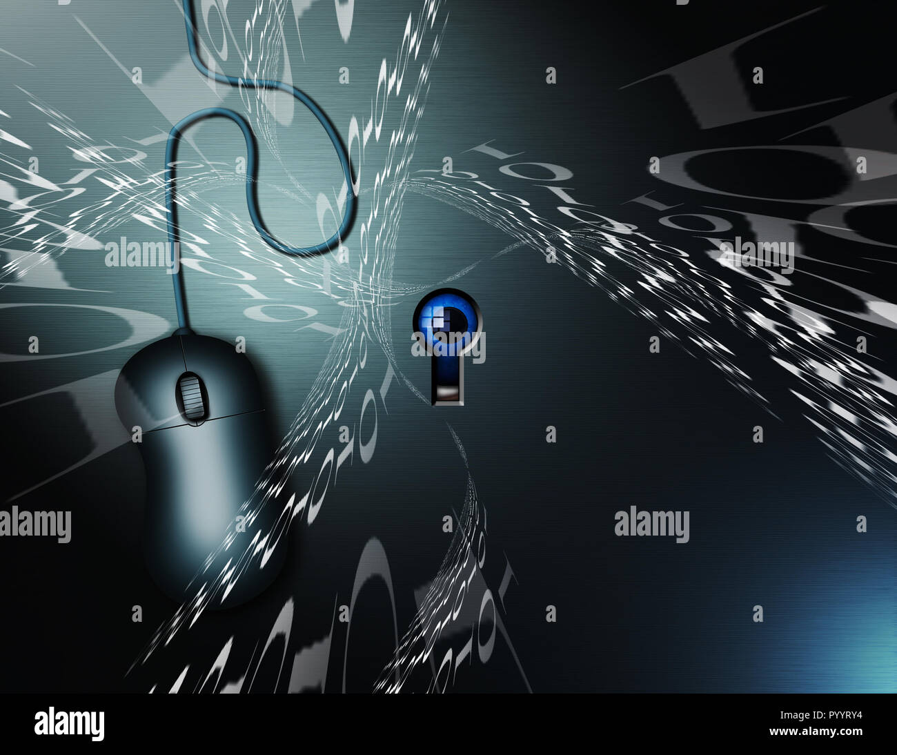 Binary code and computer mouse. Eye behind keyhole symbolizes digital ...
