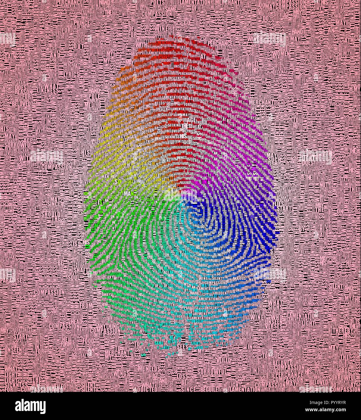 Rainbow fingerprint. Image composed entirely of words Stock Photo - Alamy