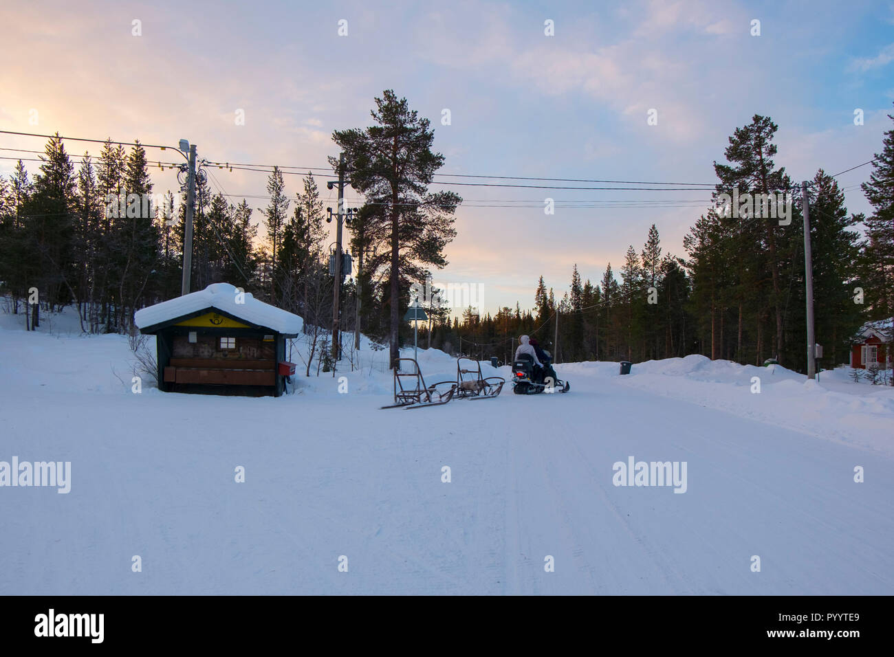 Rural mailbox in Sweden, snowmobile towing a couple of dog sleds Stock ...