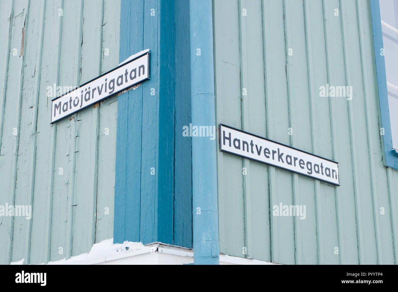 Swedish street signs in Kiruna, Sweden in winter with snow Stock Photo ...