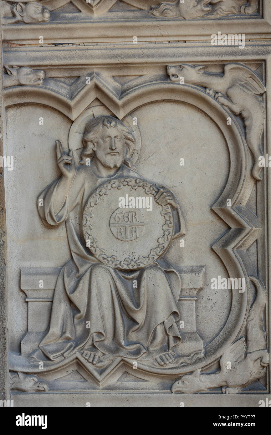 Paris - the Sainte-Chapelle (Holy Chapel).The base of the portal on ...