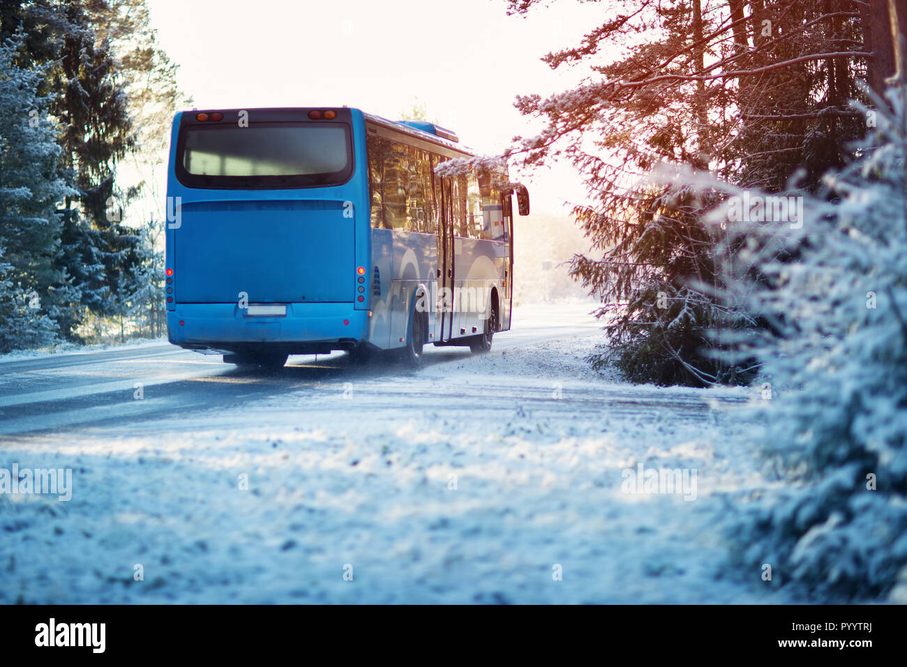 bus on winter road in the morning after snowfall Stock Photo - Alamy