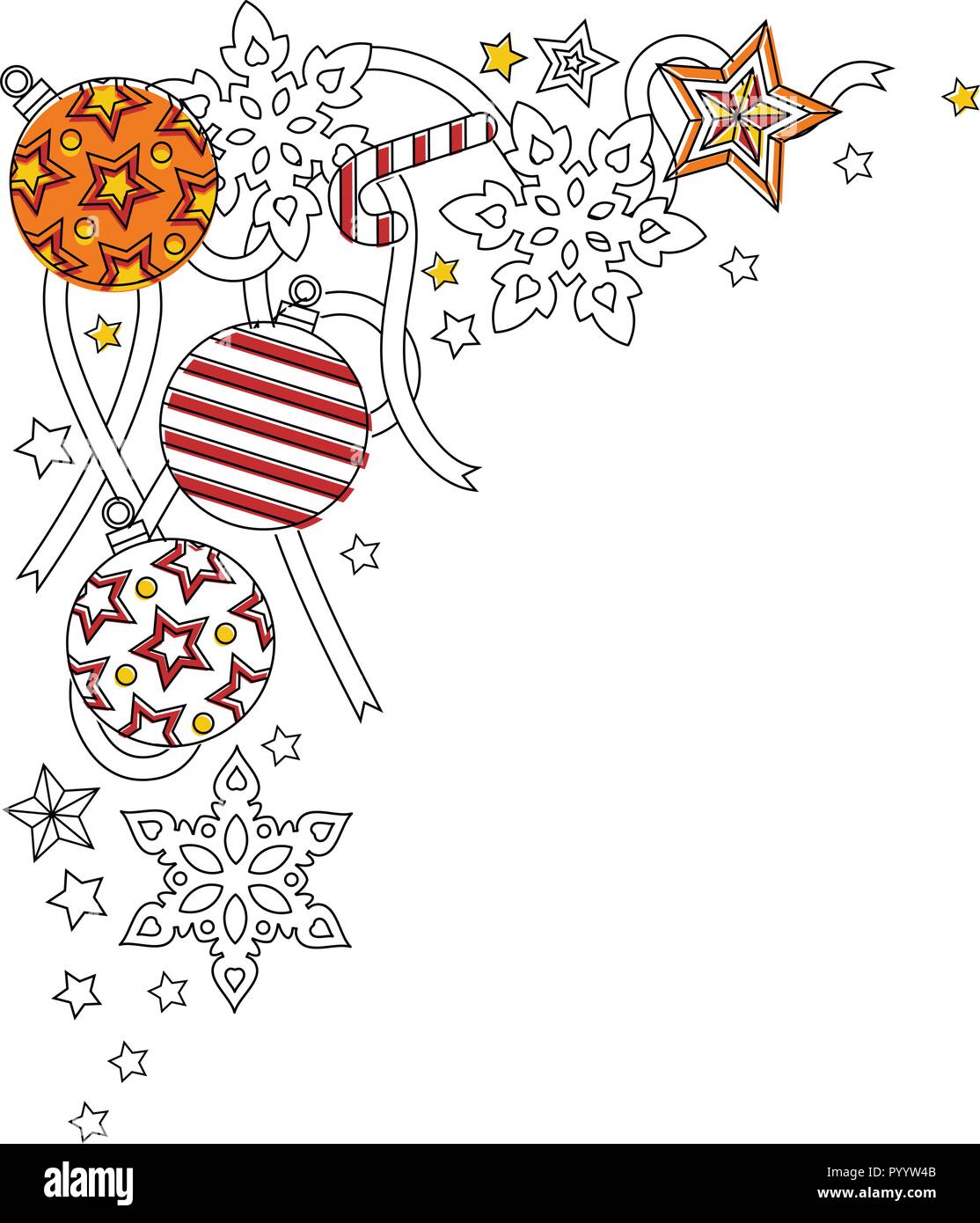 New year frame border with Doodle snowflakes, fir-tree balls, ribbon ...