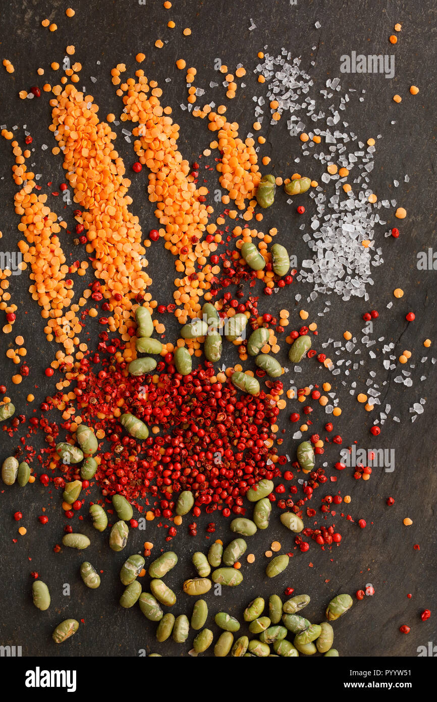 Dried lentils and soya beans with red peppercorns and rock salt ...
