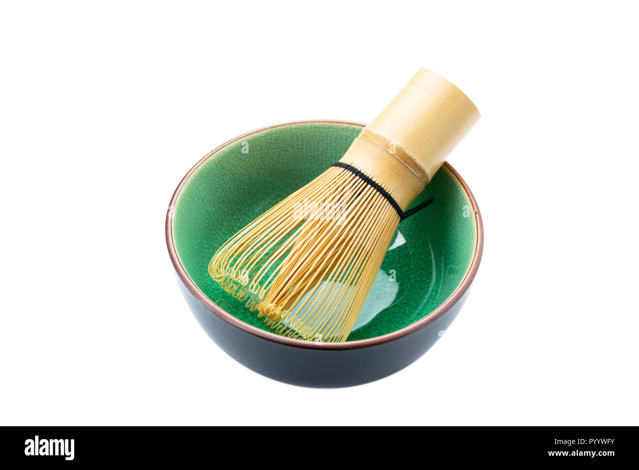 Japanese green matcha tea cup and bamboo whisk isolated on white ...