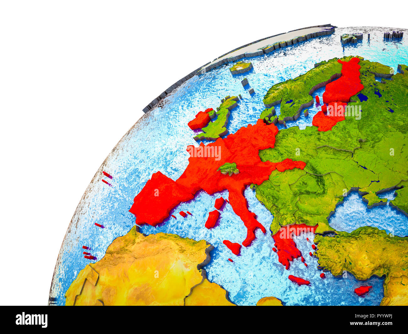 Eurozone member states on 3D Earth model with visible country borders ...