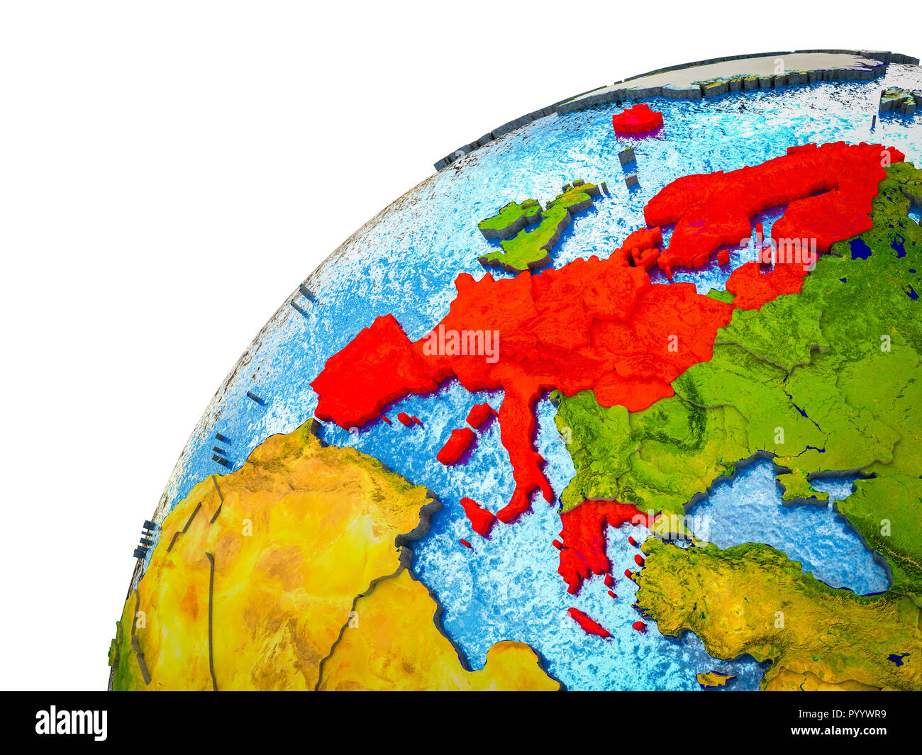 Schengen Area members on 3D Earth model with visible country borders ...