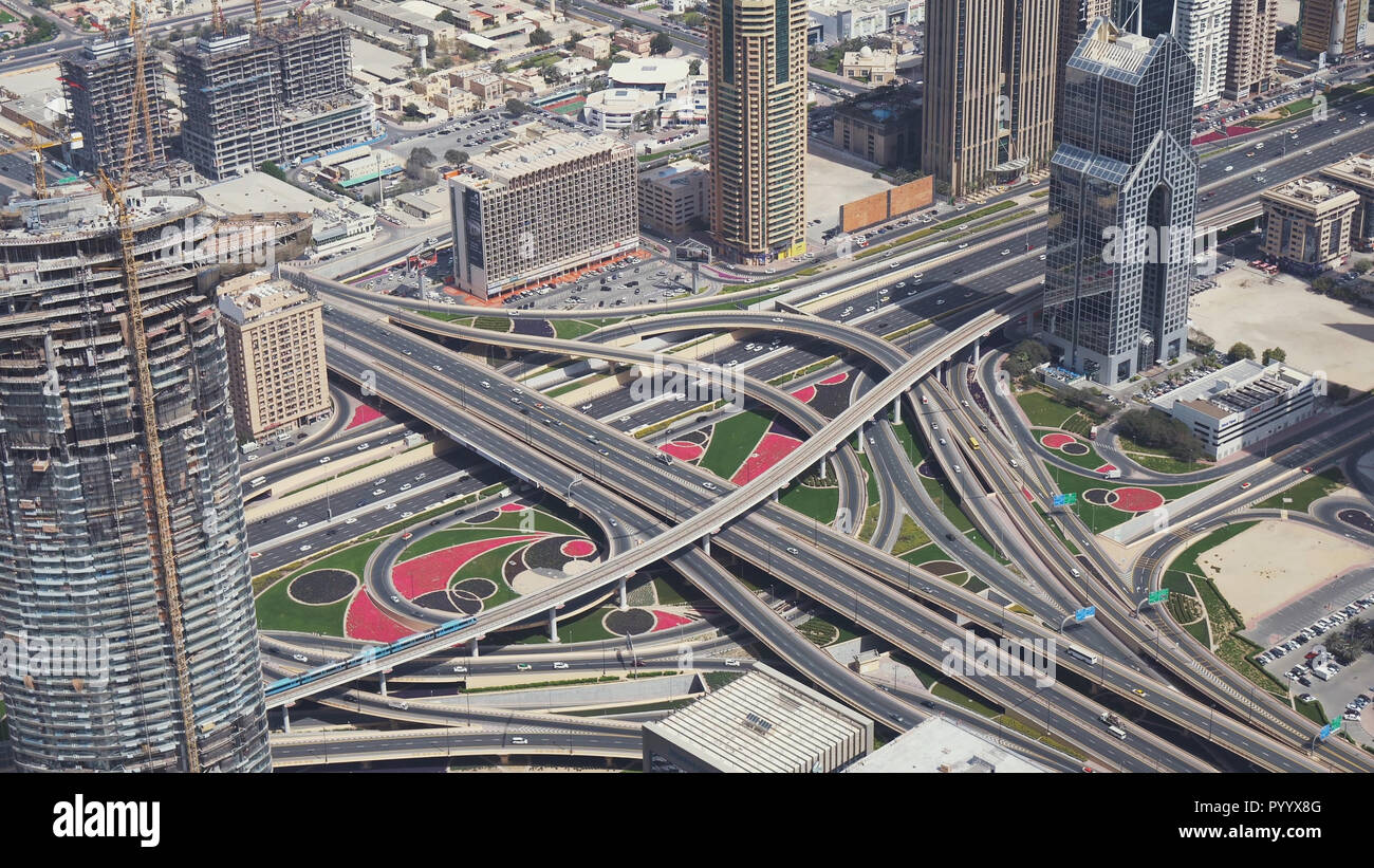 Modern urban multi-level road junctions in Downtown Dubai view from the ...