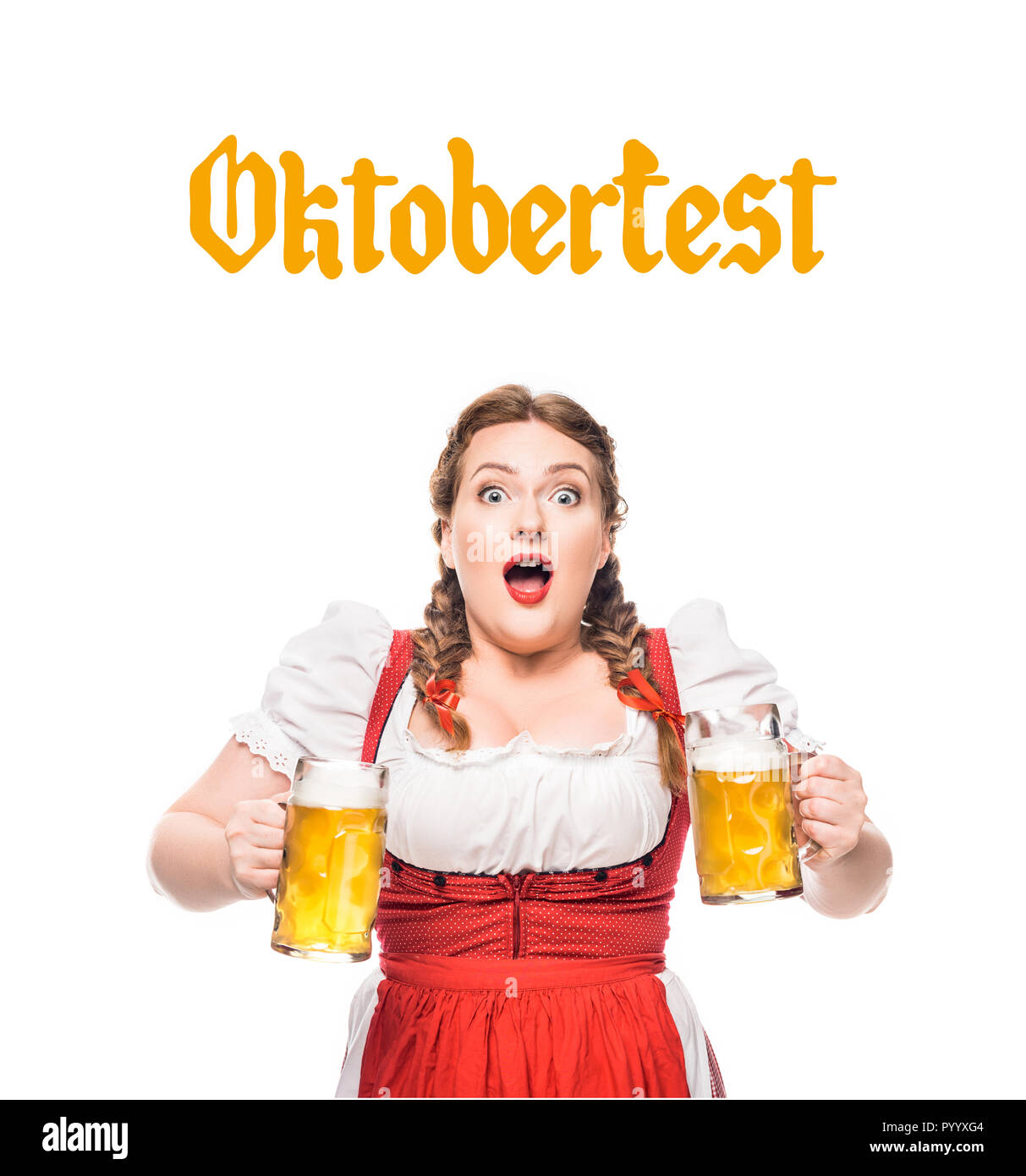 shocked waitress in traditional bavarian dress with mugs of light beer ...