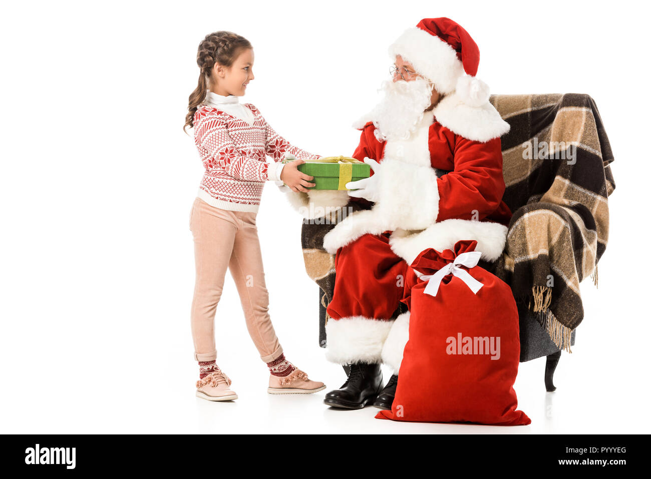 santa presenting christmas gift to child isolated on white Stock Photo ...
