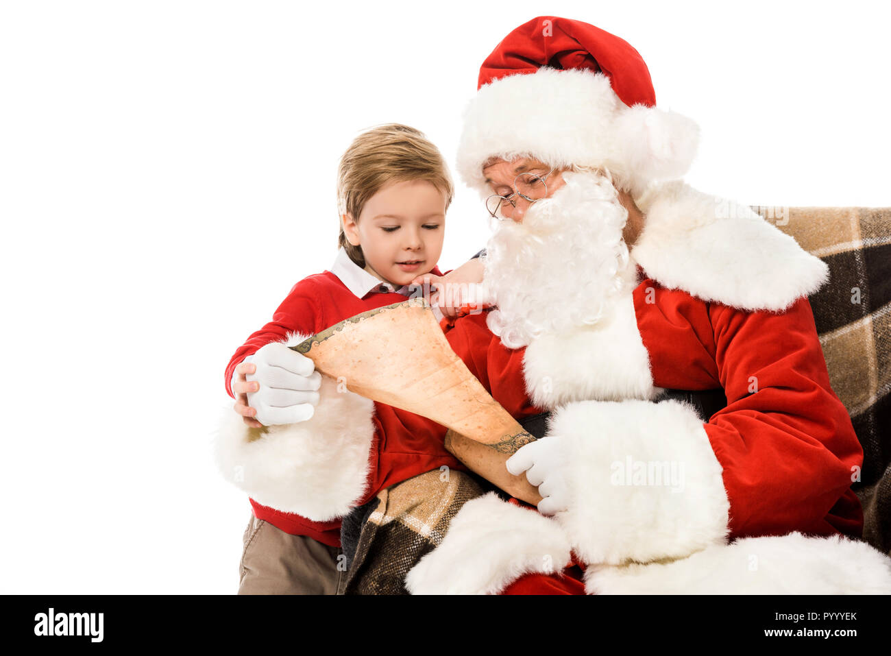 santa and adorable kid reading letter together isolated on white Stock ...